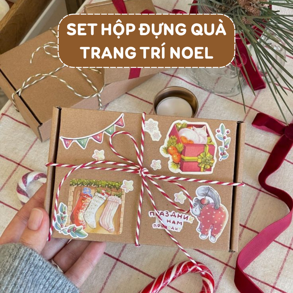 Set hộp đựng quà carton nắp gài vintage kèm rơm dây buộc và sticker ...