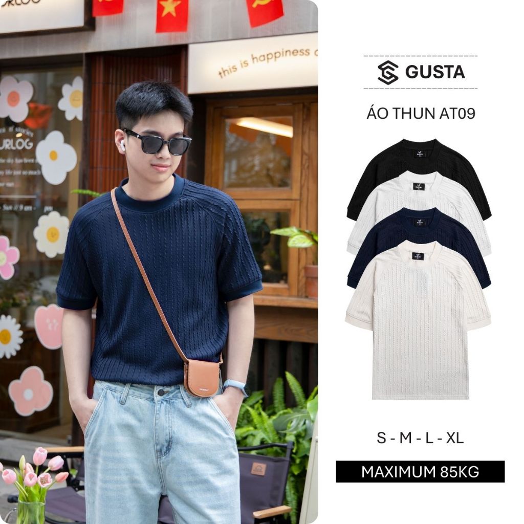 Áo Thun Nam Basic GUSTA Vải Cotton Dệt Kim Cao Cấp Áo Cable Knit T ...