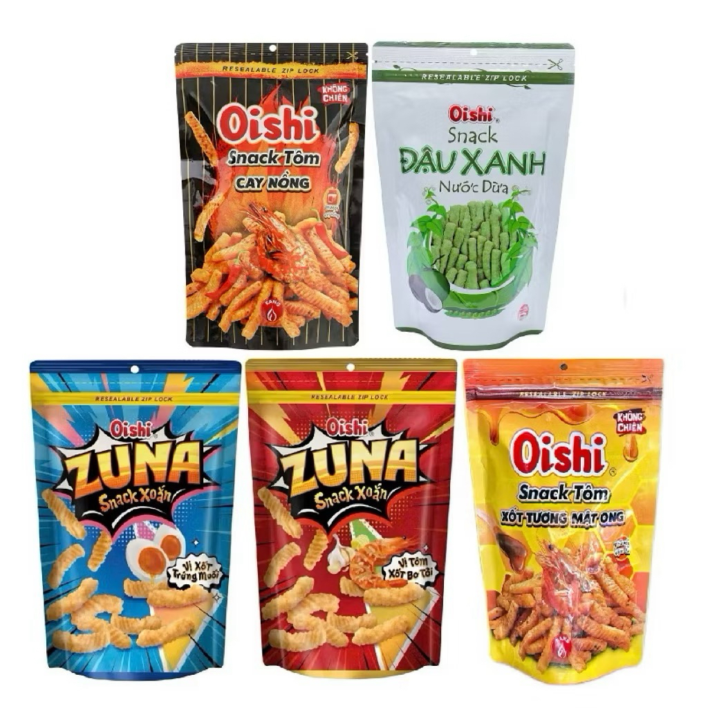 Snack Oishi Tôm Cay Nồng/ Mật Ong/ Đậu Xanh/ ZunaTúi Zip 65g | Shopee ...