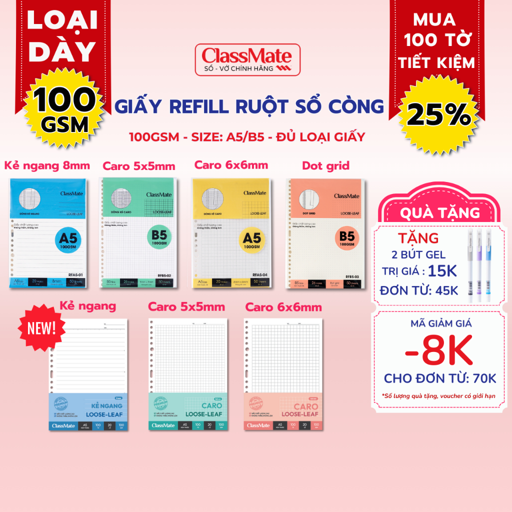 [Giảm 8K] 200 Trang Giấy Refill 100GSM Ruột Sổ Còng Classmate A5 B5 ...