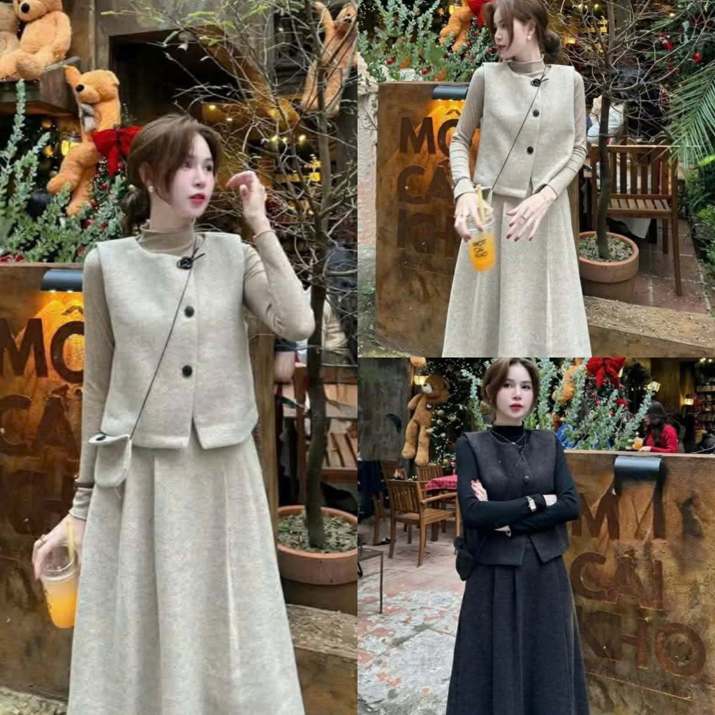 (Set Dạ 4 Chi Tiết): Gile Phối Cúc Đính Dây Nơ+Áo Thun Cổ Đứng+Váy Xuông Xoè Tặng Túi Viền Tròn ...