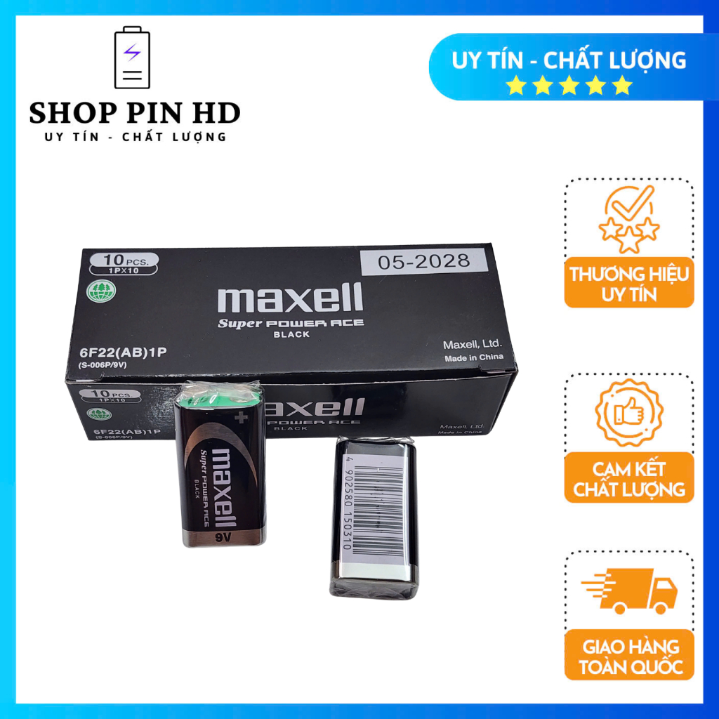 Hộp 10 Viên Pin Vuông 9V Maxell Carbon 6F22(AB)1P Vỉ 1 Viên 100% Chính ...