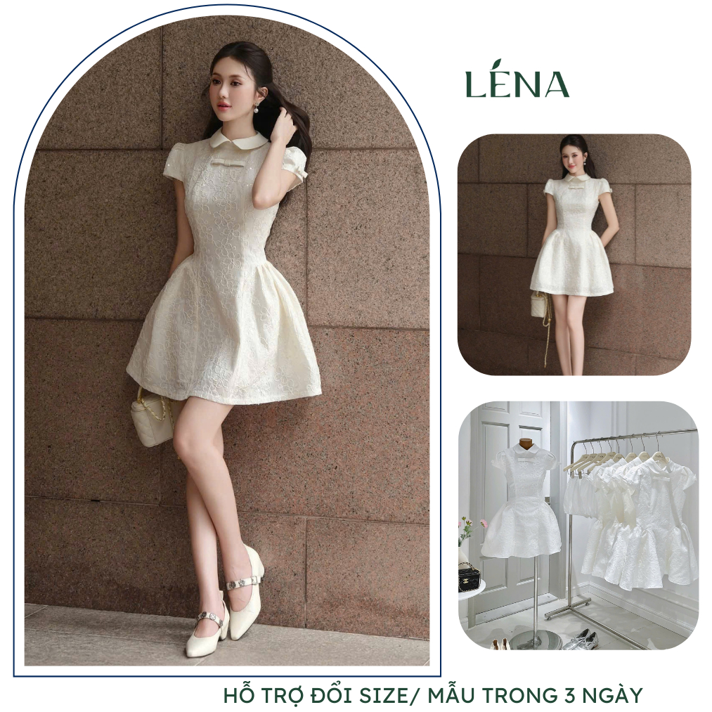 (Có Bigsize) LENA 3159 Đầm ren thêu tay phồng cổ sơ mi dáng xòe tiểu ...