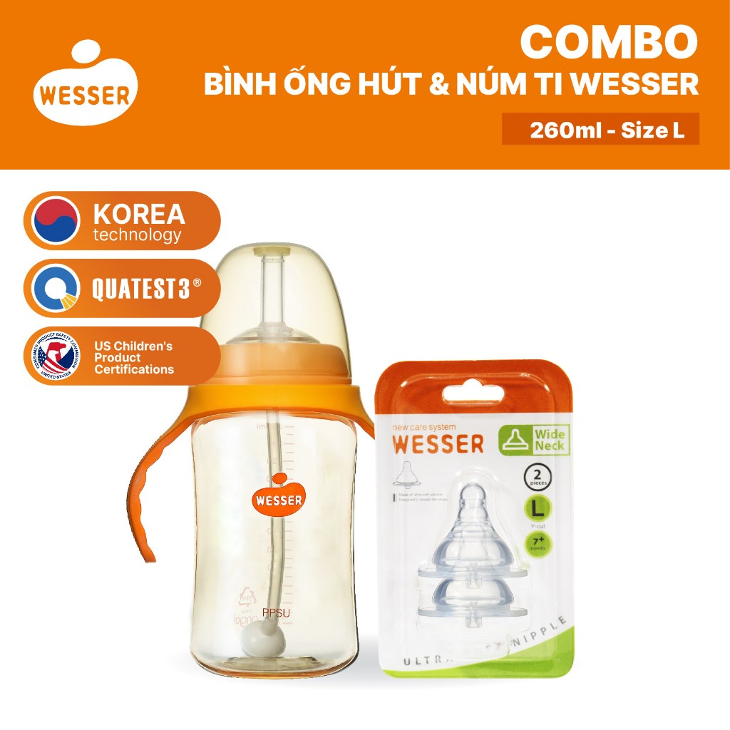 Combo 1 Bình Ống Hút PPSU Wesser 260ml + 1 Núm Vú Wesser Cổ rộng Size L ...
