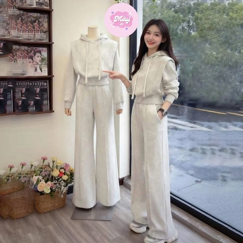 Set Bộ Nỉ 2 Da Áo Hoodie Thể Thao Bo Eo Trần Viền Nổi Tôn Dáng Kèm Quần ...