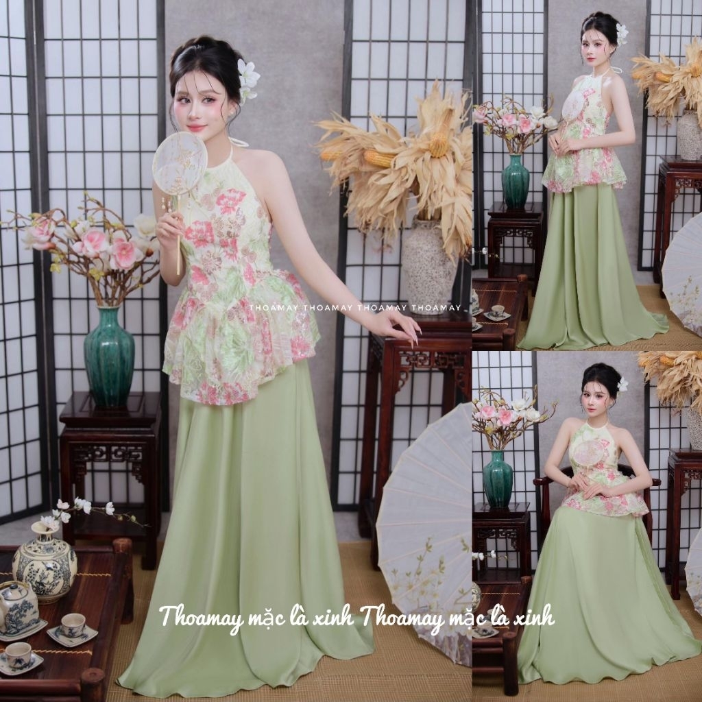 Áo yếm cốm hoạ tiết mặc tết chụp hoa sen | Shopee Việt Nam