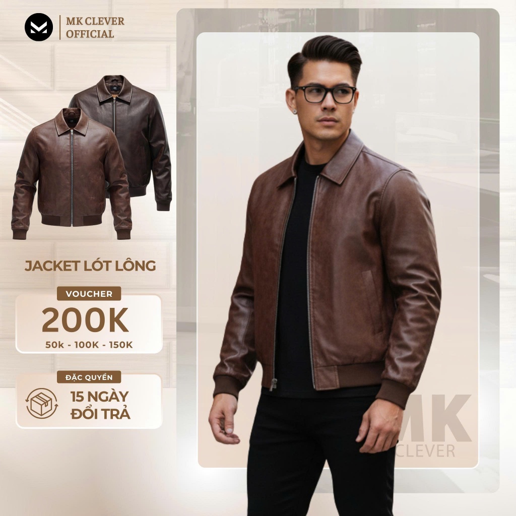 Áo Khoác nam Jacket Davier da cổ bẻ lót lông MK CLEVER dày dặn giữ ...