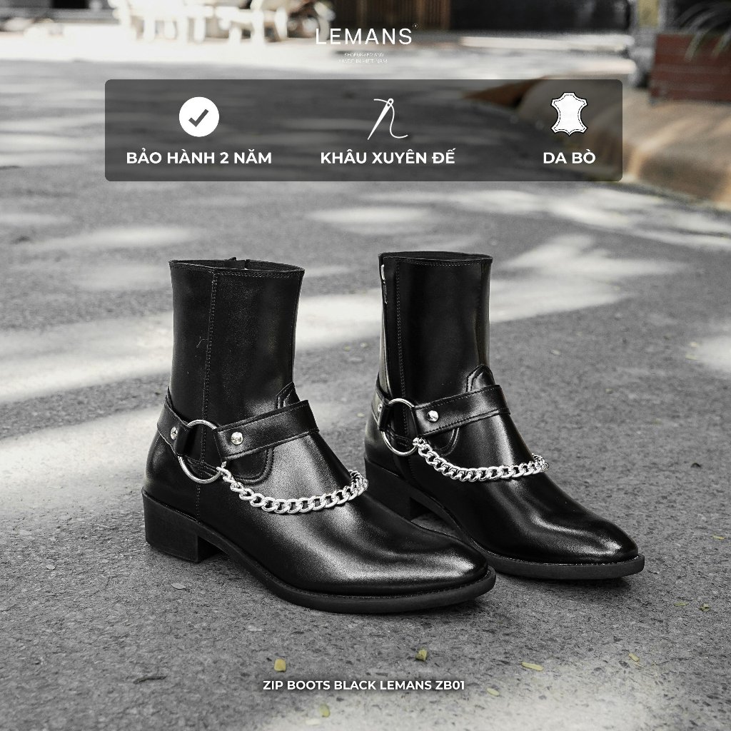 Giày da bò Zip Boots nam LEMANS ZB01.1, cao 5cm khâu đế, phối đai xích ...