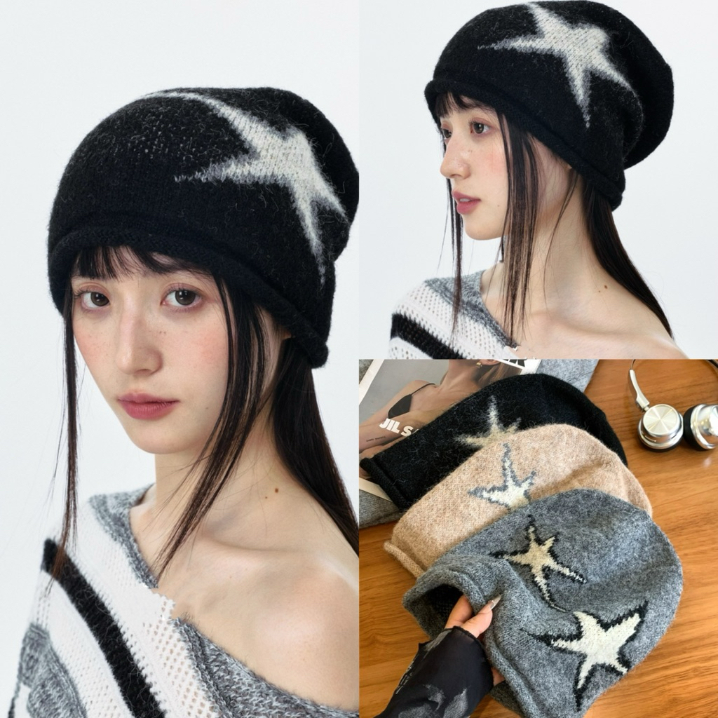 NARCIÉ STUDIO - Mũ len beanie form rộng hoạ tiết ngôi sao giữ ấm mùa ...