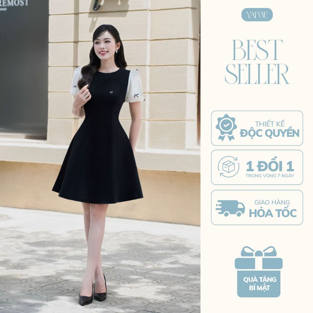 Váy Nữ Dáng Xòe Trên Gối YAME Màu Đen Phối Kem Trang Trí Họa Tiết Nơ ...