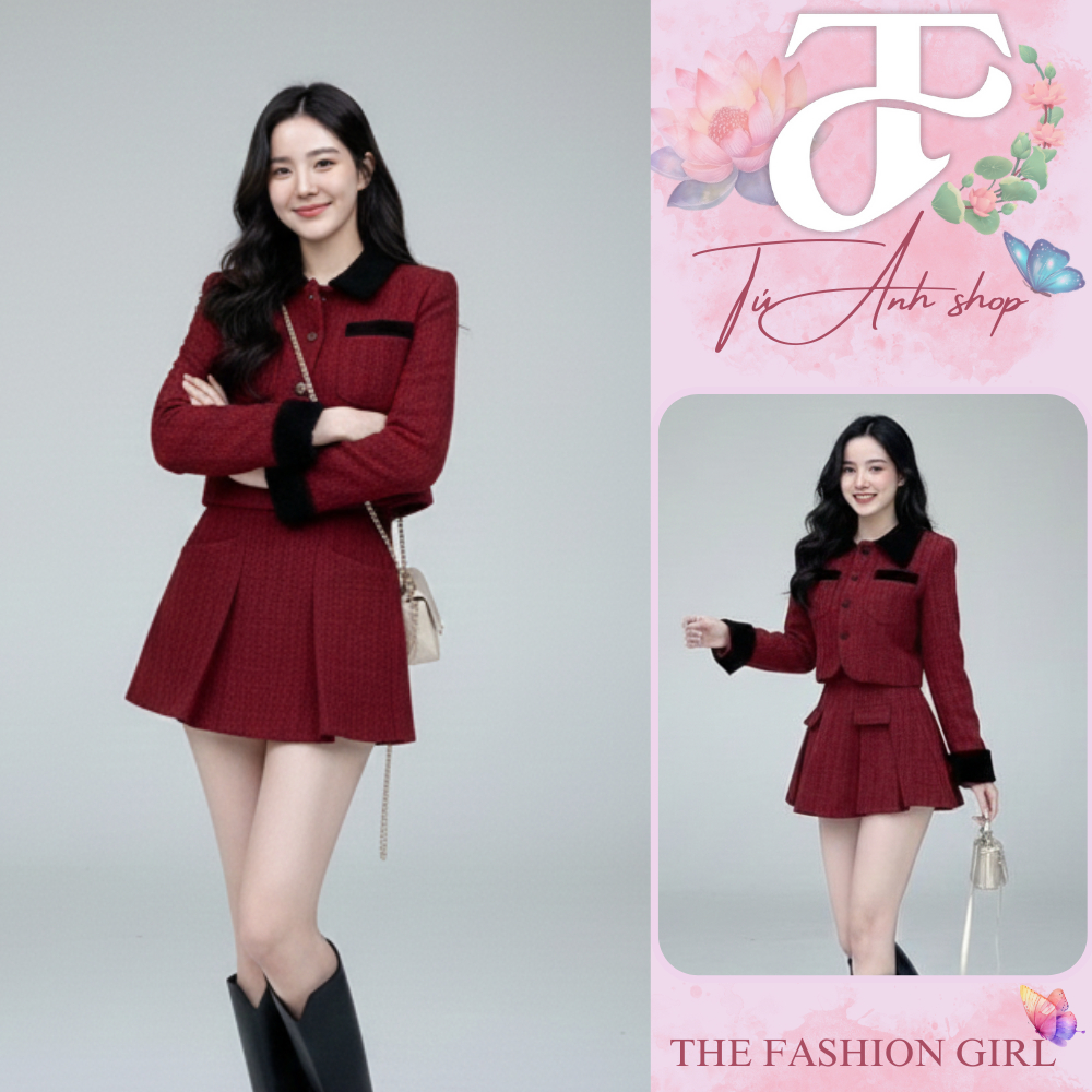 Set dạ Tweed đỏ phối nhung mùa đông kèm chân váy dạ kiểu dáng tiểu thư ...