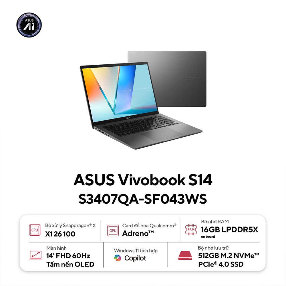 Laptop Asus Vivobook S14 S3407QA-SF043WS (Snapdragon X X1 26 100 | 16GB ...