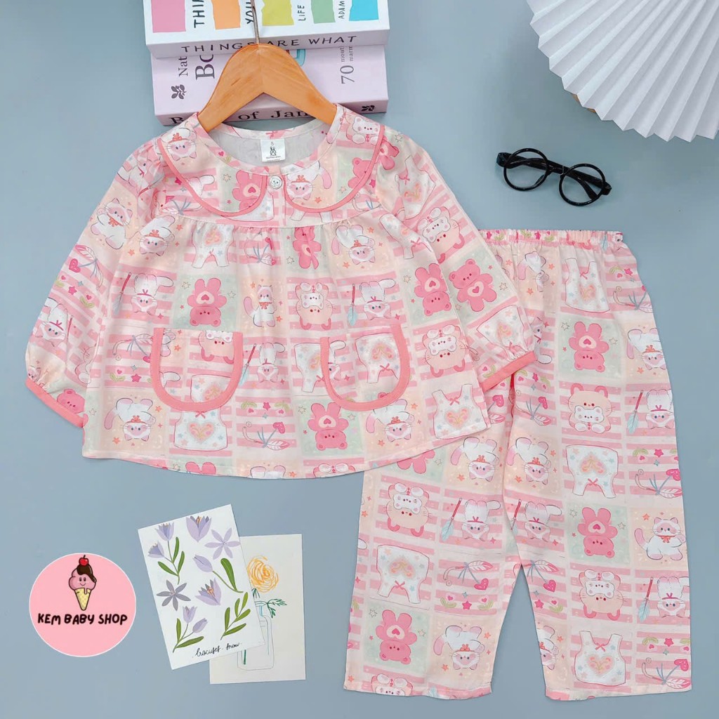 Đồ bộ tole dài bé gái, bộ lanh dài tay quần dài bé gái kem baby shop ...