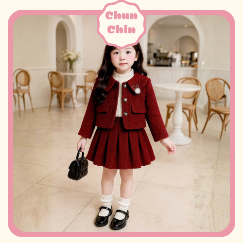 S287 Chun Chin | Set Dạ Đỏ Áo Khoác Cổ Tròn Đính Thỏ Chân Váy Xếp Ly To ...