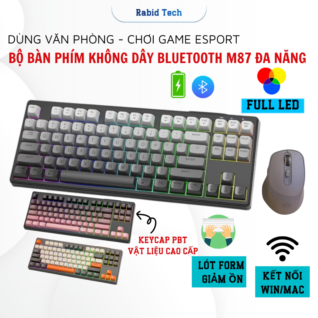 Bộ Bàn Phím Bluetooth Không Dây Rabid Tech M87 -Chống ồn - Led RGB Kết ...