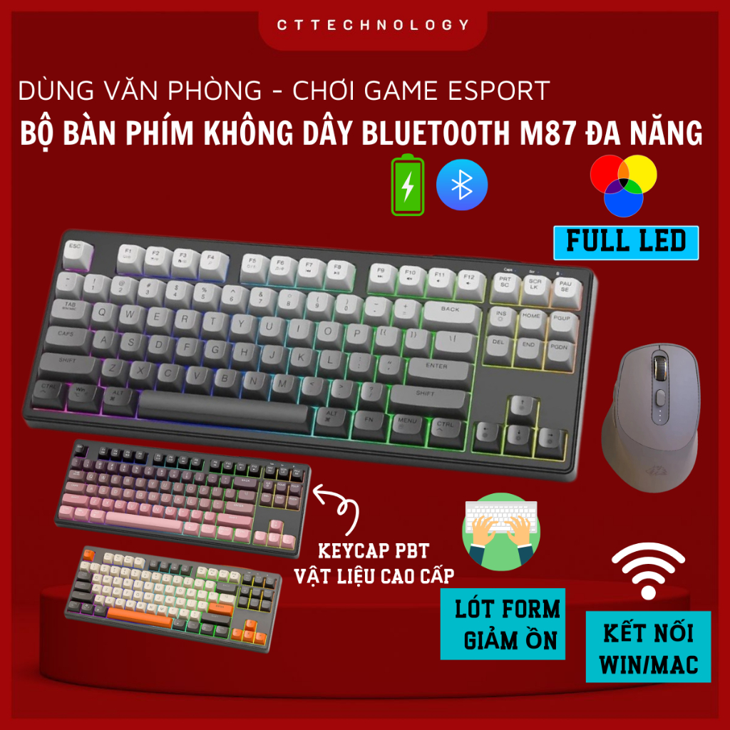 Bộ Bàn Phím Chuột Bluetooth Không Dây CTTech M87 LED Kết Nối Đa Năng ...
