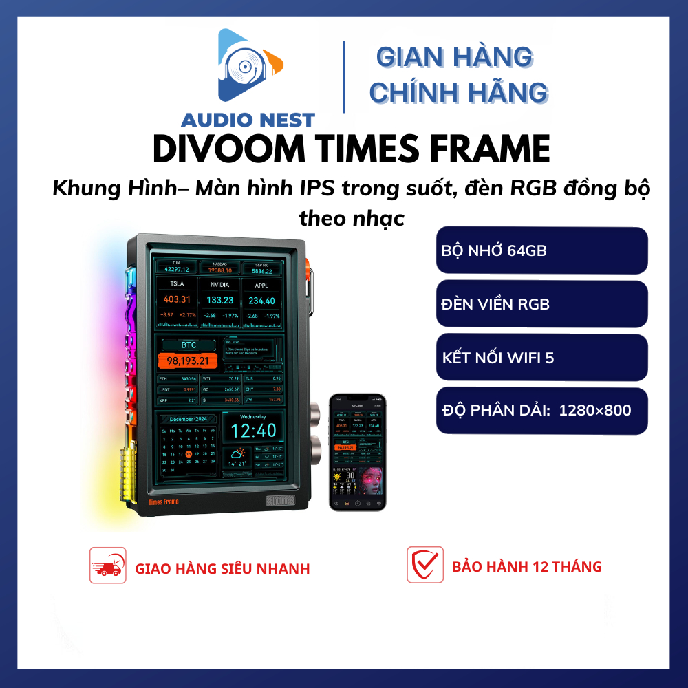 Khung Hình Divoom Times Frame – Màn hình IPSTrong Suốt, Đèn RGB Đồng Bộ ...