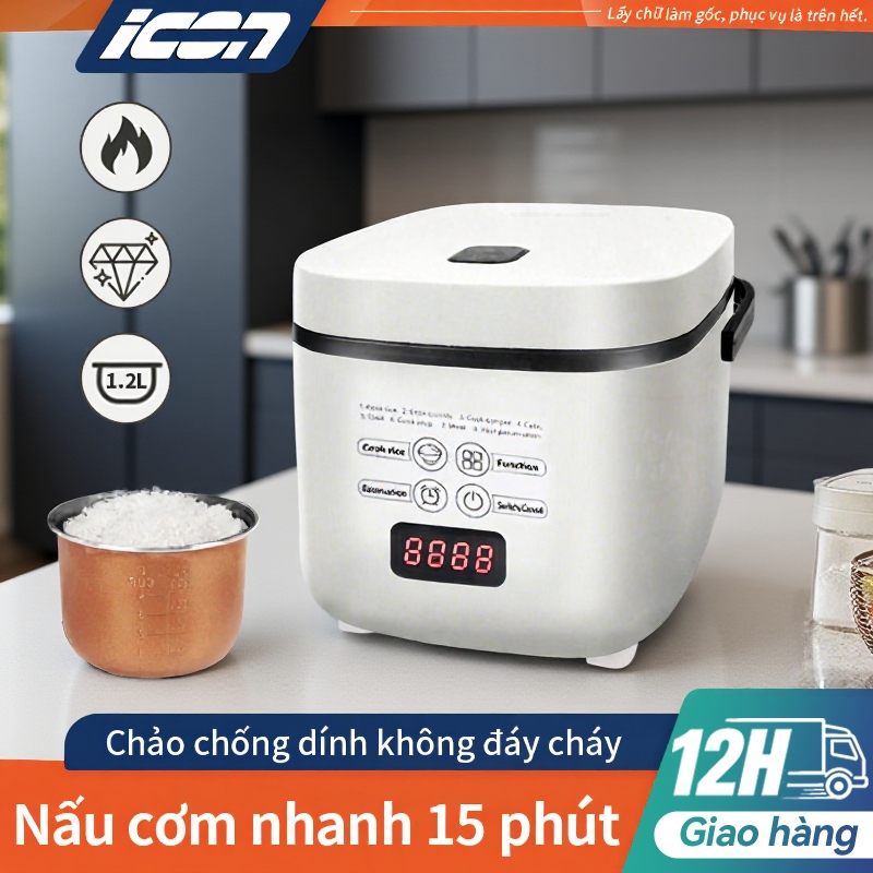 Nồi cơm điện Mini 1.2L ICON- Chống dính, cầm tay, nấu cơm & hầm cháo đa ...
