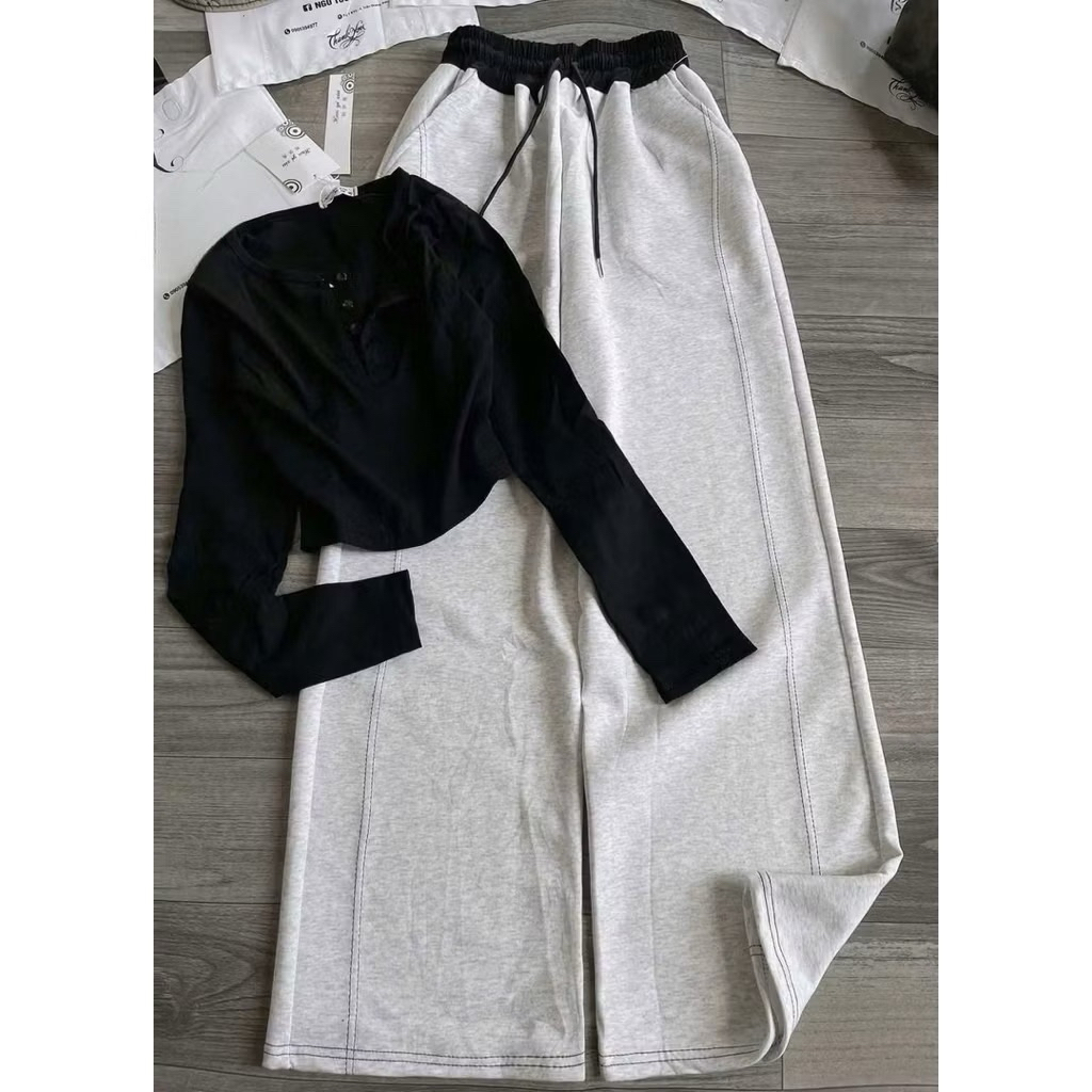 Set bộ áo bbt cúc ngực dài tay mix quần xuông phối cạp | Shopee Việt Nam