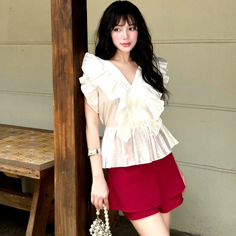 YU CHERRY | Áo nữ cổ V tầng nhiều lớp không tay Layered Ruffle Blouse ...