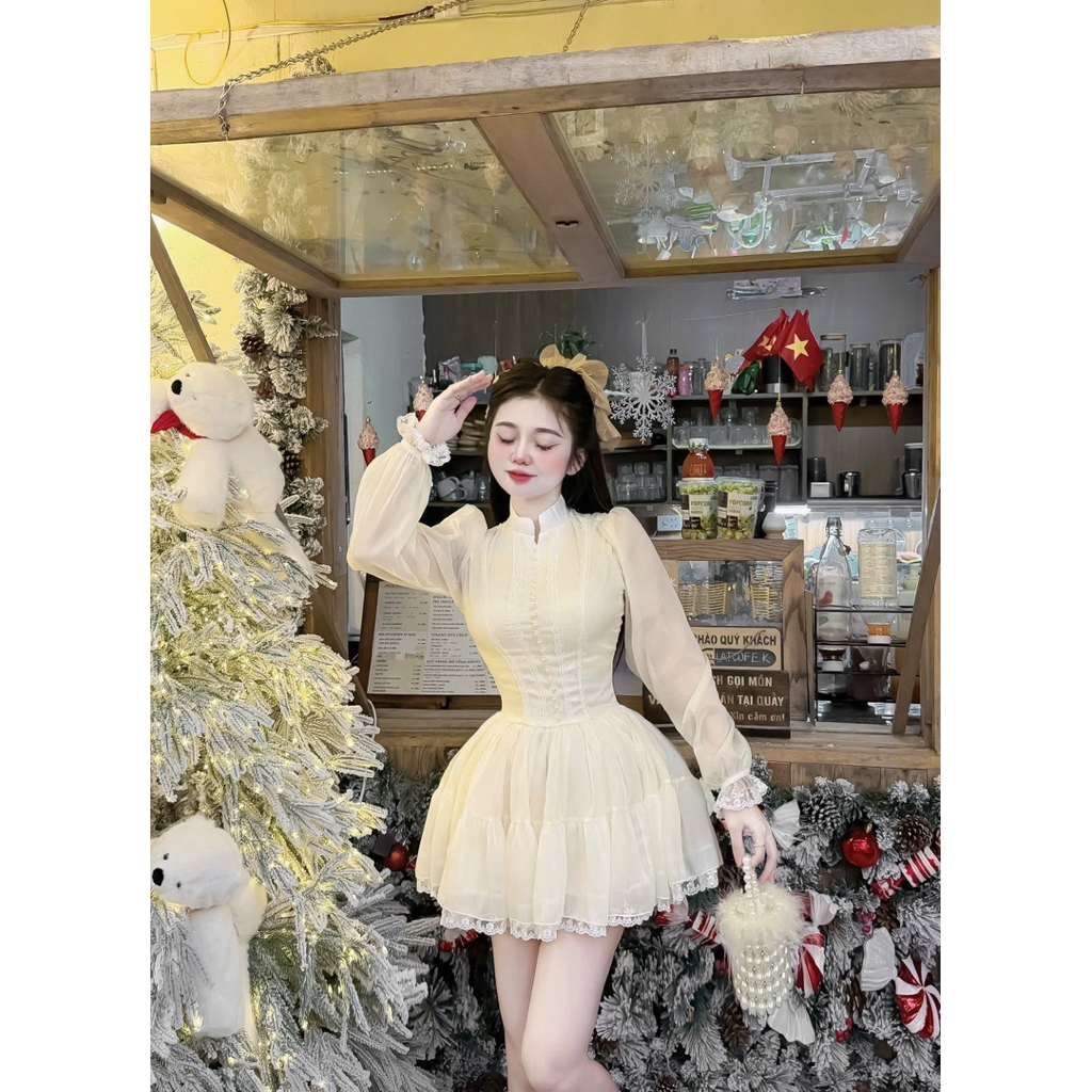 PK969 Váy Tơ Cổ Tàu Cúc Ngọc Xoè Chân Ren | Shopee Việt Nam