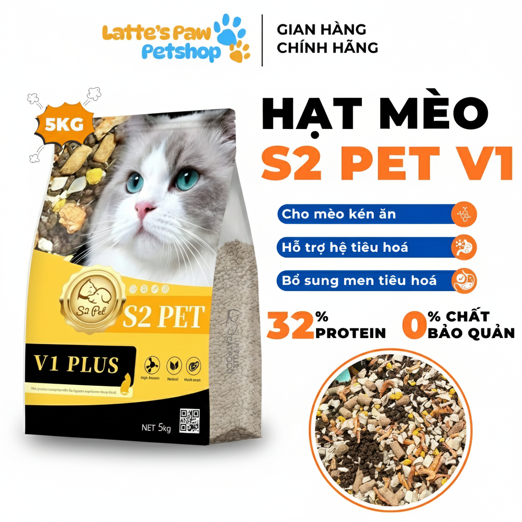 Hạt Cho Mèo S2 PET V1 Độ Đạm 32%, 20% Topping Thịt Sấy, Dinh Dưỡng Toàn ...