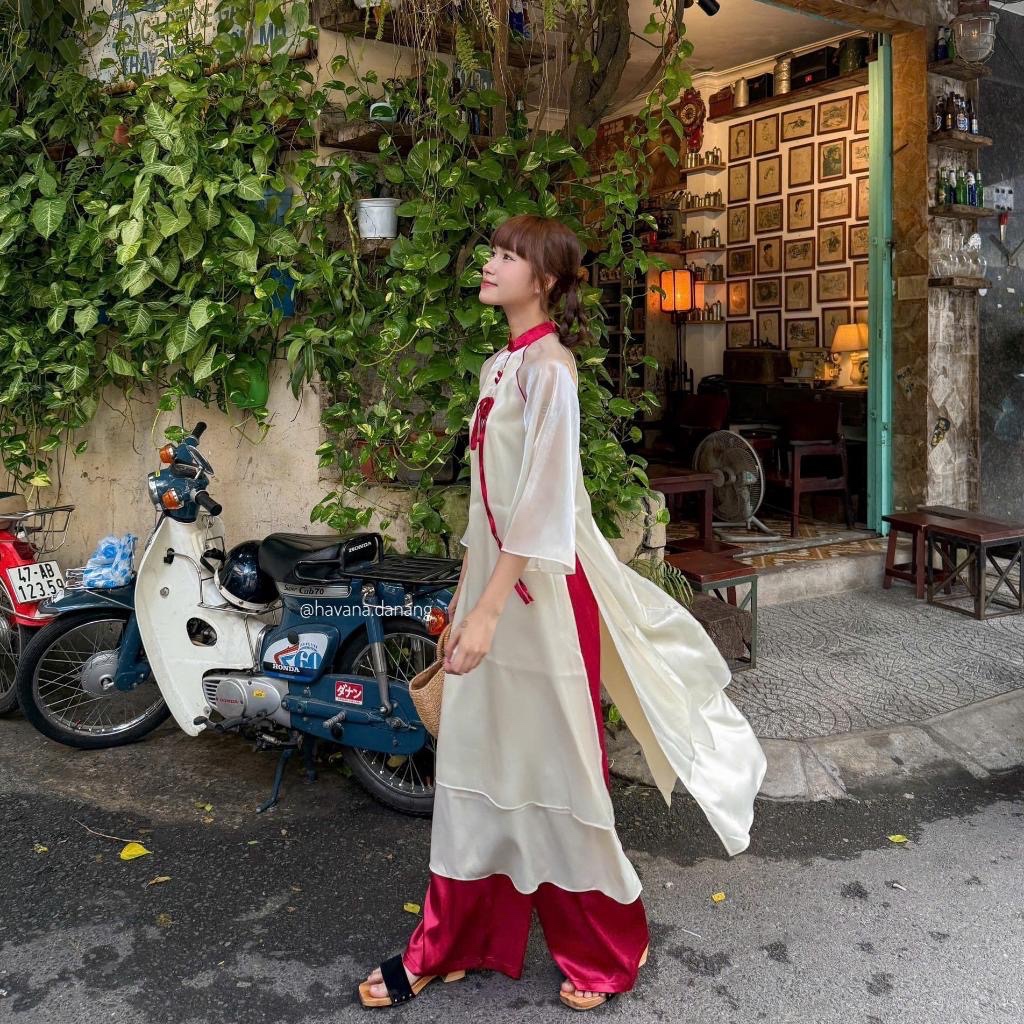 Áo dài voan tơ (Đã qua sử dụng) 4 tà phối tâm kết cúc ngọc kèm quần lụa ...