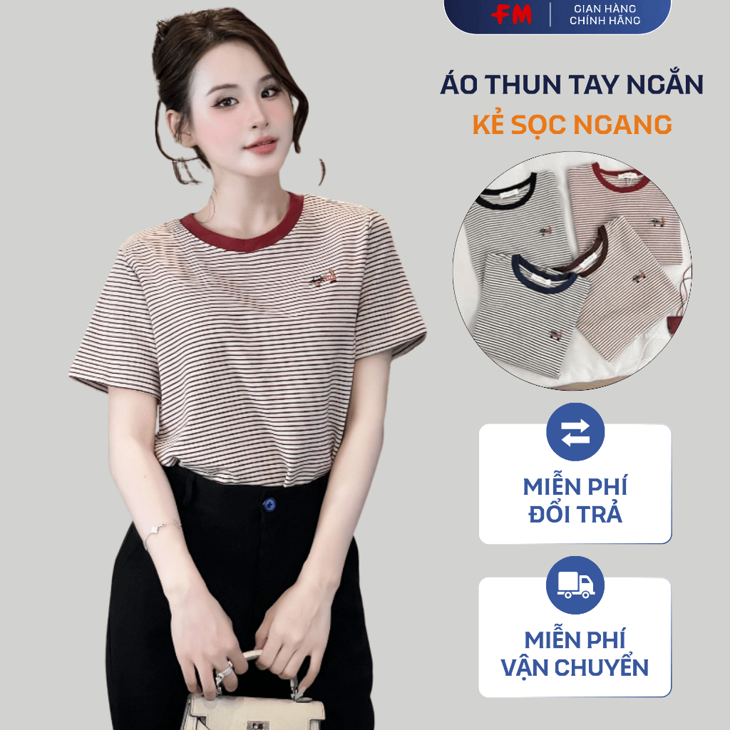 Áo Thun Nữ Tay Ngắn Sọc Ngang FM Style Thêu Mèo Dễ Thương Cổ Tròn Bo ...