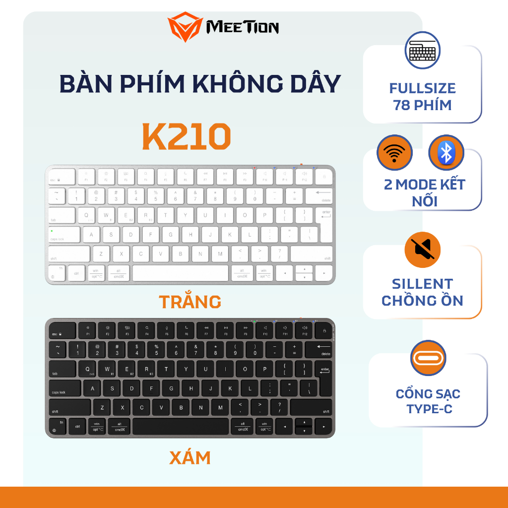 Bàn phím không dây Meetion iKey K210 không ồn 2 mode kết nối Bluetooth ...