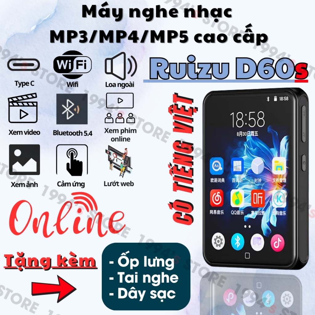 Ruizu D60/D60s Máy Nghe Nhạc Android MP3/MP4/MP5 - Có Tiếng Việt - WiFi ...