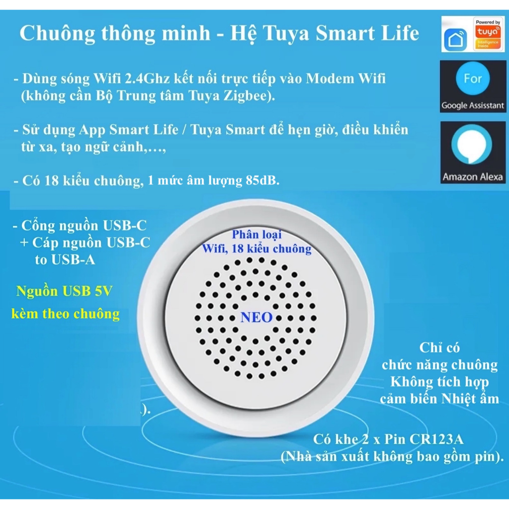 Chuông báo động, báo khách thông minh, Zigbee, Wifi, Tuya Smart Life ...