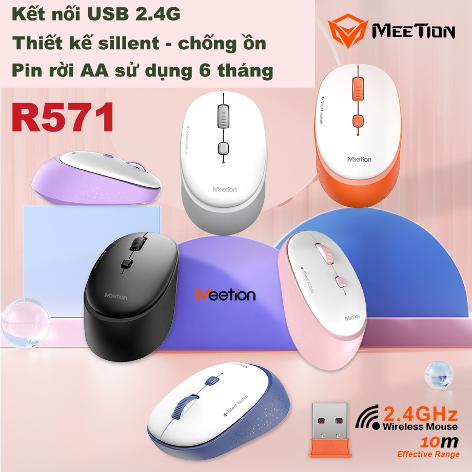 Chuột không dây Meetion R571 chống ồn kết nối USB 2.4GHz thiết kế nhỏ ...