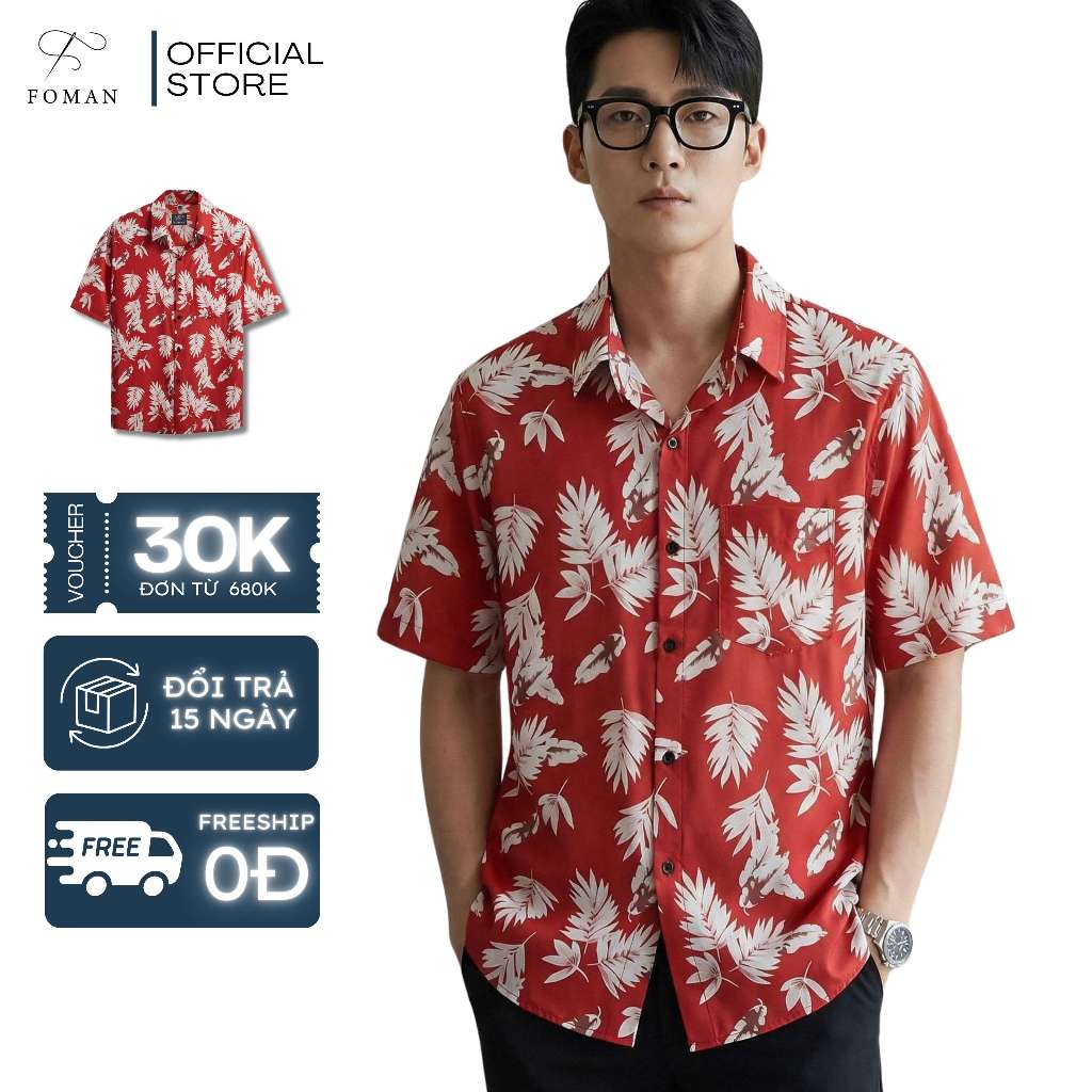 Áo sơ mi tay ngắn Nam Form Regular FOMAN Hoạ tiết Tropicana Red vải Lụa ...
