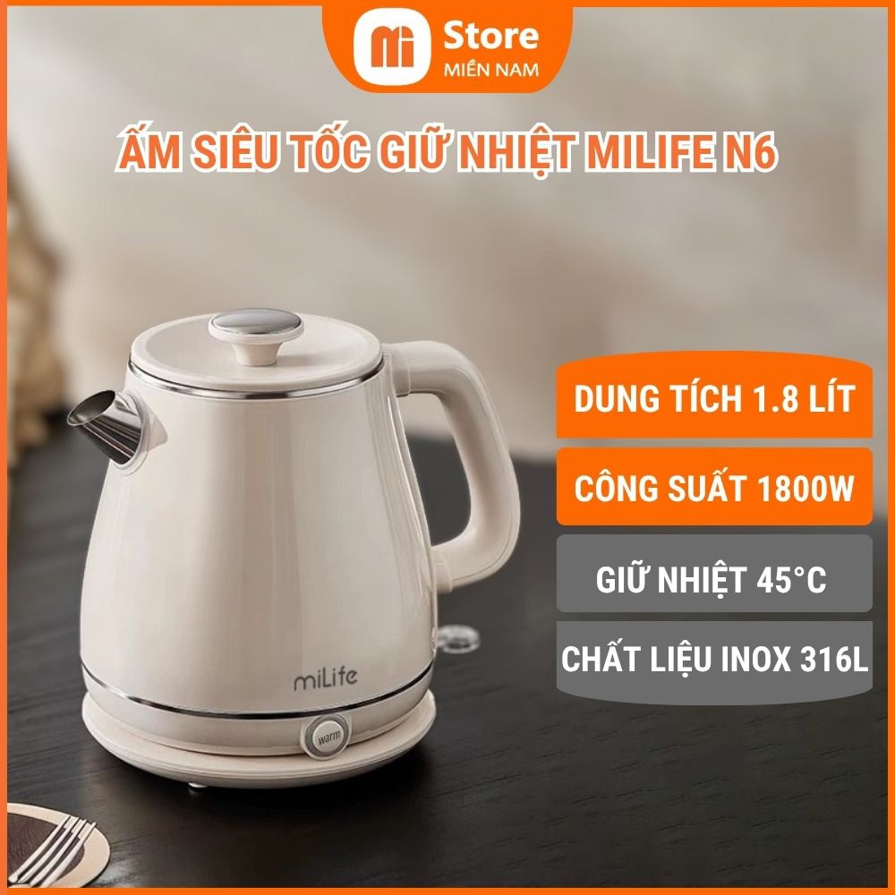 Ấm siêu tốc giữ nhiệt miLife N6, 1.8L 1800w, 2 lớp chống bỏng an toàn ...