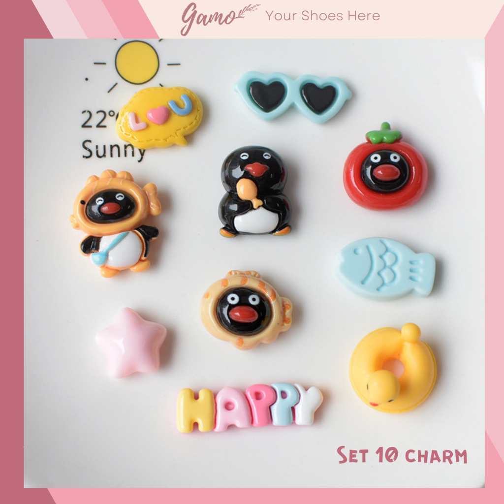 Bộ 10 Sticker, Charm 3D chủ đề Cánh cụt happy nhựa cứng gắn Dép Sục, Cá ...