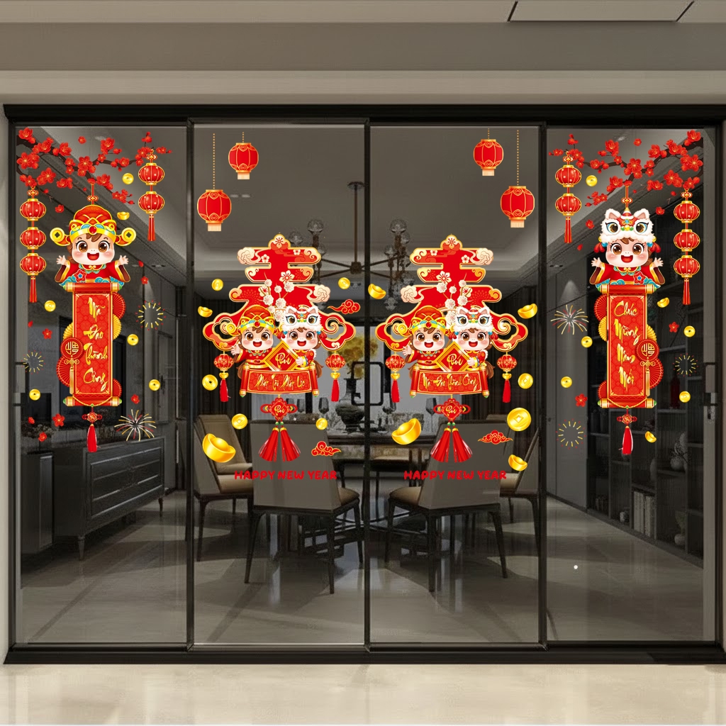 Decal Tết 2026 Hít Tĩnh Điện Combo 2 Tấm Dán Kính Bé Lân Câu Đối Đỏ Hoa ...
