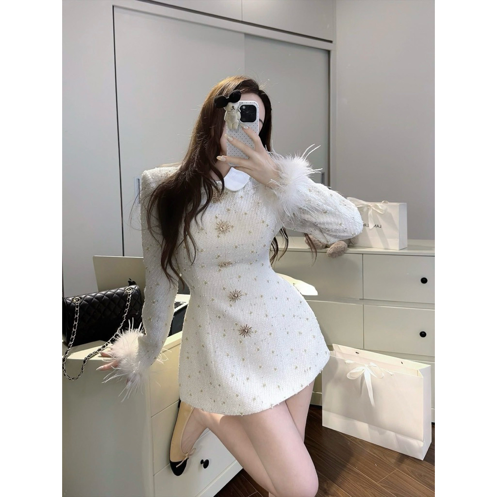 Váy Đầm Dạ Kim Sa Sang Chảnh Mix Tay Lông Lannie, Váy Đầm Nữ Tính Tay ...