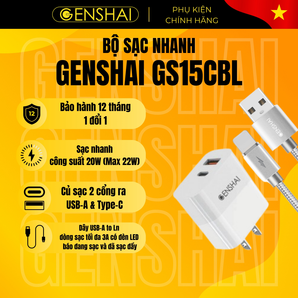 BỘ SẠC NHANH CHÍNH HÃNG GENSHAI COMBO GS15CBL I Bảo Hành 12 Tháng 1 Đổi ...