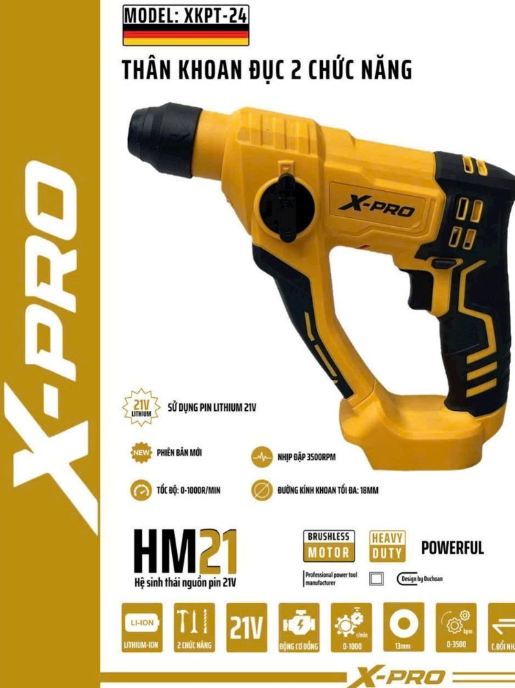 Máy khoan bê tông pin nhỏ gọn X-PRO XKBT-24, Lực đập 1.7J - Khoan ...
