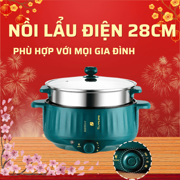 Nồi lẩu điện SHANBAN hiệu suất 1000W kèm xửng hấp inox chiên, dán, xào ...