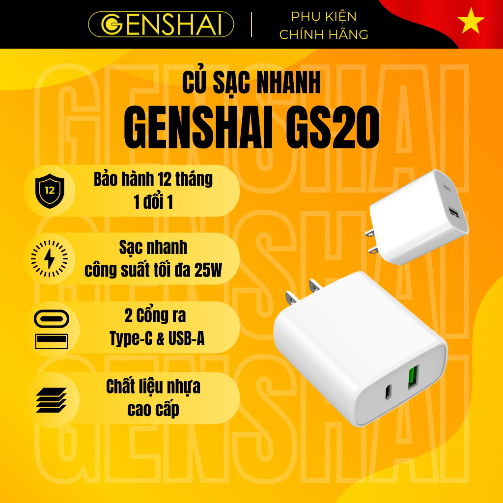 Củ sạc nhanh Genshai GS20 20w PD & QC 3.0 cao cấp chính hãng | Shopee ...