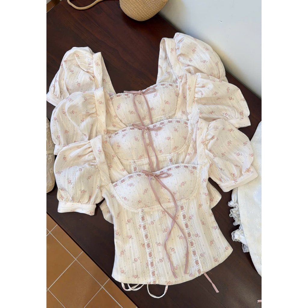 ÁO CORSET NƠ HỒNG TAY BỒNG - Hàng 2 lớp, có sẵn mút ngực, có size SML ...