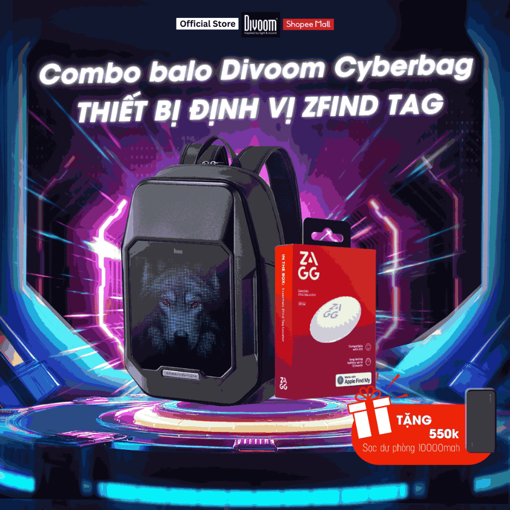 Combo balo Divoom Cyberbag 64x64 pixel, màn hình LED hiển thị pixel art ...