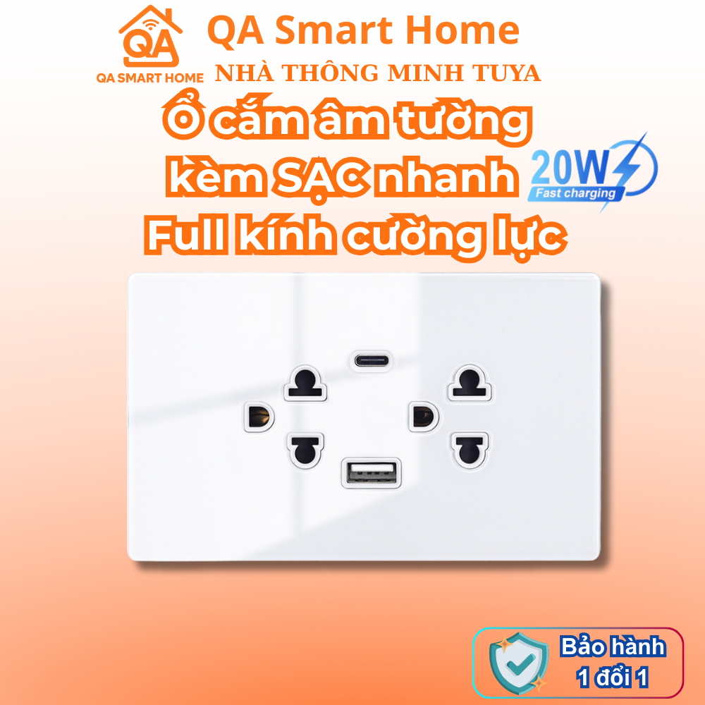Ổ Cắm Kèm Sạc điện thoại USB + Type-C Âm Tường Full Mặt Kính Cường Lực ...