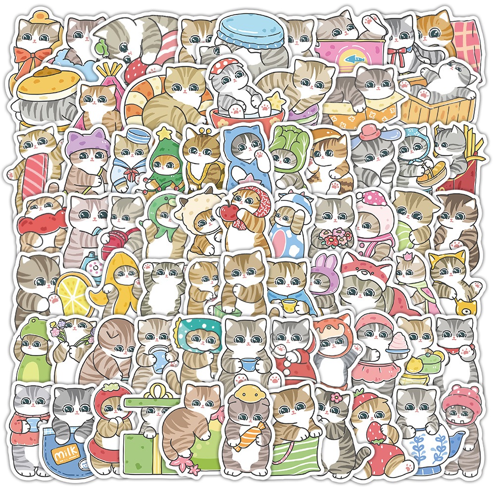 100 sticker mèo béo cute hình dán mèo mập dễ thương trang trí sổ laptop ...