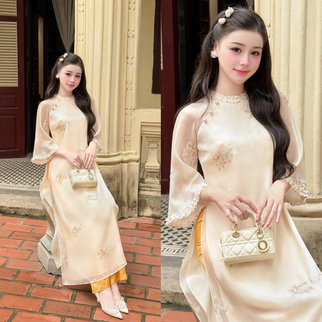 [SẴN -HỎA TỐC][IVY] Áo dài cách tân 4 tà Minh Ý kem tơ mềm thêu hoa trẻ ...