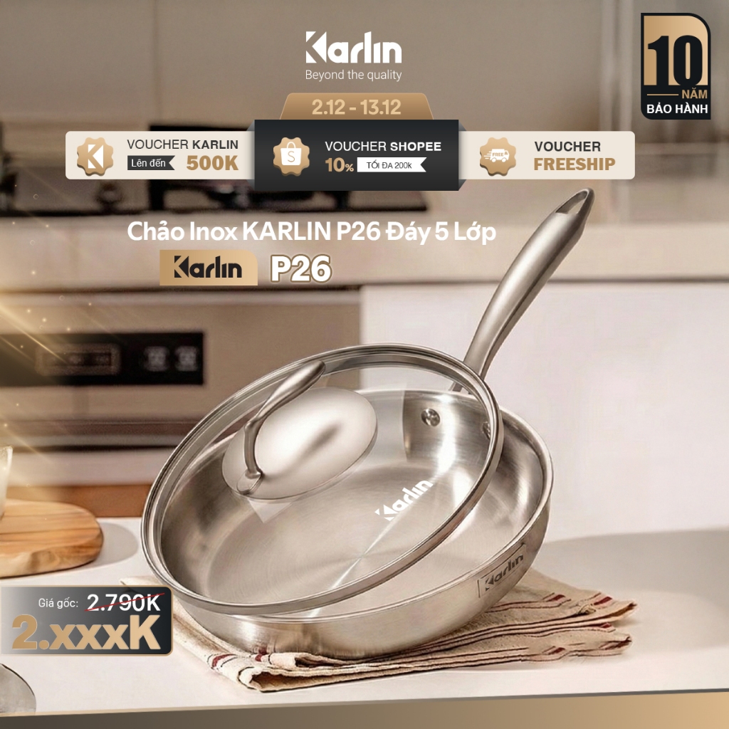 Chảo Inox 316 Chống Dính KARLIN P26, Đáy 5 Lớp, 26cm Lòng Sâu, Không ...