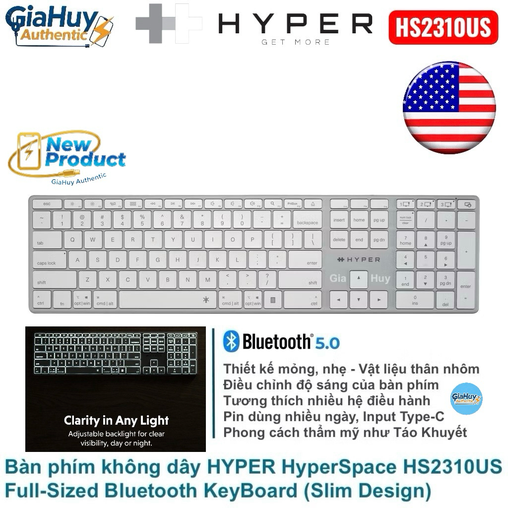 Bàn phím không dây HYPER HyperSpace HS2310US Full-Sized Bluetooth ...