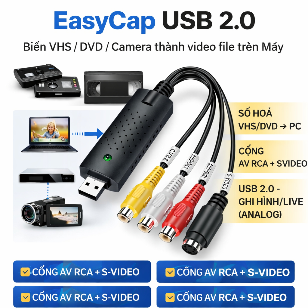 Easy Cap USB Cáp chuyển đổi video và âm thanh USB 2.0 cho Video DVR TV ...