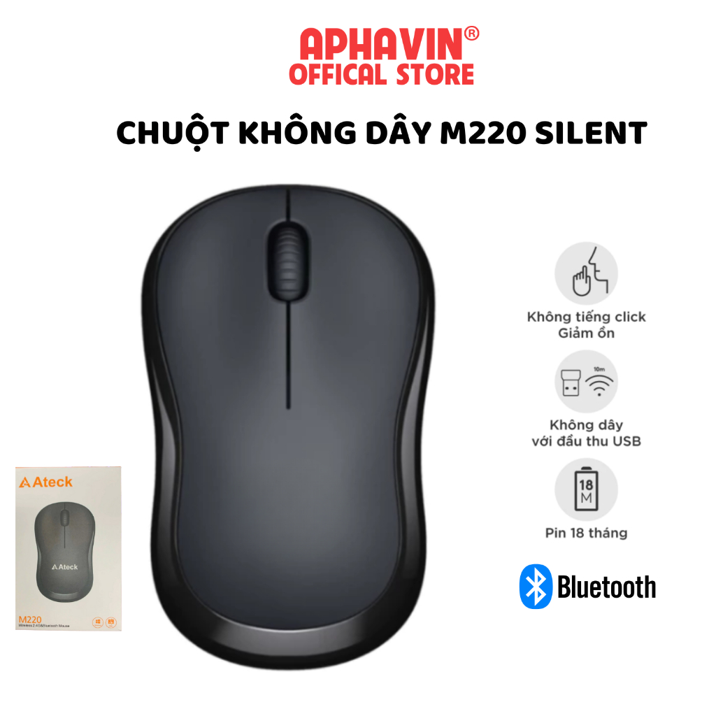 Chuột Không Dây Ateck M220 Silent Màu Đen- Giảm Ồn 90%, Kết Nối USB ...